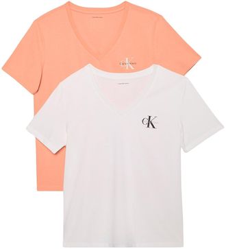 Calvin Klein Damen 2er Pack T-Shirts Kurzarm Logo Tee mit V-Ausschnitt, Mehrfarbig (Just Peach/Brilliant White), XXL