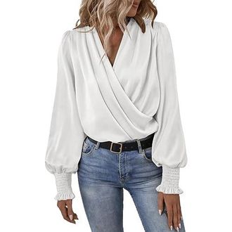 Generic Chemise &eacute;l&eacute;gante pour femme avec col en V et manches superbes, chemise de couleur unie &agrave; porter avec des leggings, blanc, XL
