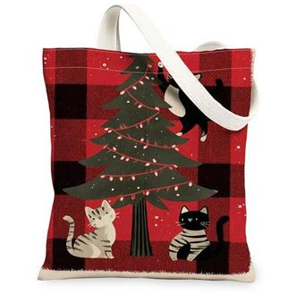 Generic Sacs fourre-tout en toile motif chat de No&euml;l, sacs d&eacute;picerie r&eacute;utilisables, festifs, l&eacute;gers et lavables en toile pour voyage, plage, pique-nique, 33 x