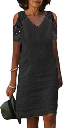 TOMWELL Femme Robe &Eacute;t&eacute; Manches Courtes Couleur Unie Dentelle Robe Courte Au Genou Robe Casual Grande Taille Mini Robe Les Vintage Robe de Plage C Noir S