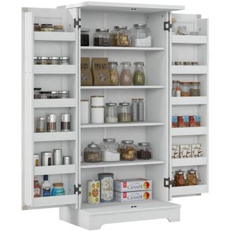 HOMCOM Buffet cuisine armoire de cuisine 5 niveaux avec portes et &eacute;tag&egrave;res r&eacute;glables 60l x 40P x 120H cm grain de bois cr&egrave;me-Cr&egrave;me