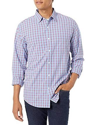 Amazon Essentials Chemise en Popeline à Manches Longues, Style Décontracté, Coupe Standard Homme, Bleu Clair Rouge Écossais, XXL