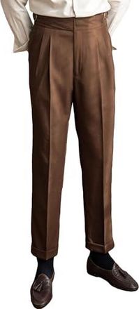Generic Pantalon de d&eacute;tente vintage taille haute pour homme - Couleur unie - Pantalon d&eacute;contract&eacute; - Coupe classique - Pantalon pliss&eacute; &agrave; boucle, marron, 44