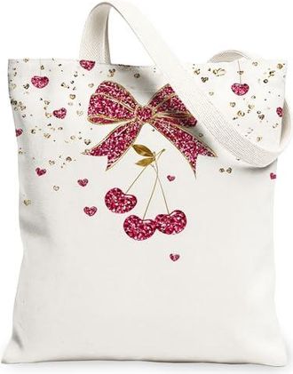 Generic Sacs fourre-tout en toile paillet&eacute;e motif coeur noeud sac &agrave; provisions r&eacute;utilisable printemps l&eacute;ger lavable bandouli&egrave;re peut, blanc, 13x15 Inch