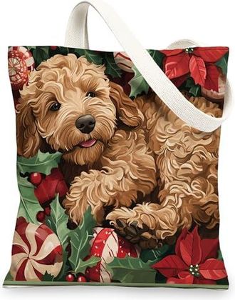Generic Sac fourre-tout en toile motif labradoodle de No&euml;l pour faire du shopping, 33 x 38,1 cm, sac d&eacute;picerie r&eacute;utilisable pour femme, motif de Nouvel An, pl