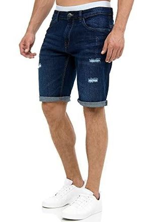 Indicode Caden Shorts en Jean, pour hommes, avec 5 poches, 98 % coton, pantalons courts au look us&eacute;, d&eacute;lav&eacute; et destroyed, coupe droite, id&eacute;als pour les loisirs