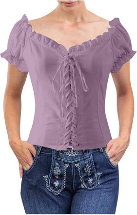 Generic Trachtenbluse Damen Oktoberfest Outfit Moderen Bayrische Trachten Karierte Bluse Oberteil Kurzarm Schulterfrei Trachtenblusen Große Größen Dirndl Trac