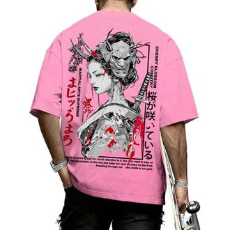 Generic T-shirt graphique japonais pour homme, art graphique Geisha | Chemise surdimensionn&eacute;e &agrave; manches courtes et col rond d&eacute;contract&eacute; - pour le sport, rose 
