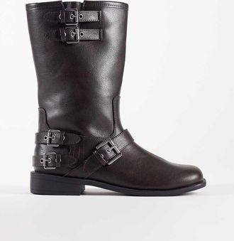 Asos Asher - Flache Biker-Stiefel in Braun poliert-Brown