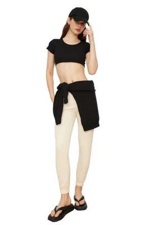 Trendyol Trendyol Damen Front Oval Crop Flyillat Gestrickte Bluse Blouse, Schwarz, L EU