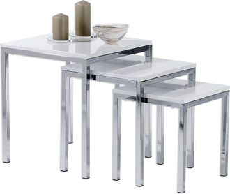 IDIMEX Lot de 3 tables gigognes luna, en métal chromé et décor blanc brillant
