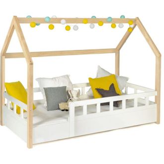 IDMarket Kinderbett Baumhaus 80 x 160 cm neree wei&szlig; und Buche mit Lattenrost und Gitter