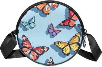 Generic Sac &agrave; bandouli&egrave;re rond pour femme, petit sac &agrave; bandouli&egrave;re avec fermeture &eacute;clair, bretelles r&eacute;glables, style d&eacute;contract&eacute;, motif papillons color&eacute;s