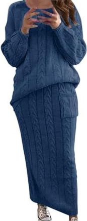 Generic Ensemble 2 pièces élégant pour femme - Automne - Jupe festive 2 pièces et haut élégant - Col rond - Manches longues - Pull en tricot stretch - Jupe mi