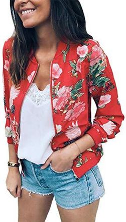 Minetom Blouson Bomber Femme Mode Manteau Mince Biker Moto Zipper Court Fleur Imprimer Veste Chic Printemps Été Blouson Court A Rouge L