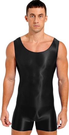 TiaoBug Herren ÖL Glanz Body Ärmellos/Kurzarm Bodysuit mit Bein Einteiler Kompression Unterwäsche Sport Trikot Leotard Schwarz F XL