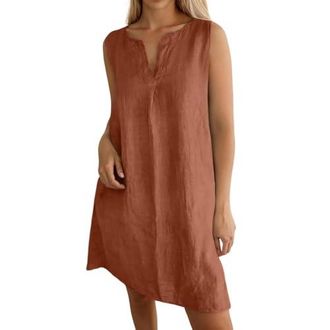 Generic Robe d&eacute;t&eacute; en lin pour femme - Col en V - Manches courtes - D&eacute;contract&eacute;e - T-shirt ample, or, XXL