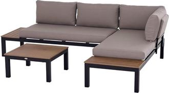 OUTSUNNY Ensemble Salon de Jardin dangle Design Contemporain 5 Places Coussins Marron Table Basse alu. Noir et Imitation Bois