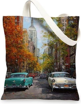 Generic Sacs fourre-tout en toile motif paysage urbain artistique, réutilisables, style vintage, légers et lavables, pour salle de sport, voyage, plage, pique