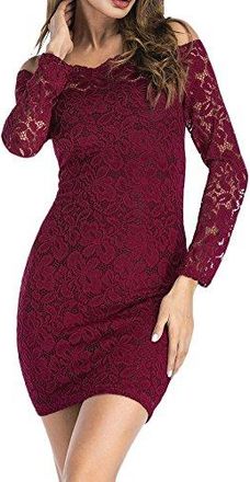 DianShao Robe de Soir&eacute;e Bustier Dentelle Cocktail Manches Longues Femme Vin Rouge 3XL