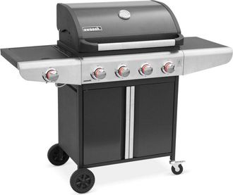 Alice's Garden Barbecue au gaz - Bazin Gris anthracite - Cuisine ext&eacute;rieure 5 br&ucirc;leurs dont 1 feu lat&eacute;ral avec tablettes et thermom&egrave;tre. rangement. roues