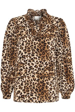 Ichi IXNAINA LS Damen Bluse Blusenshirt Langarmbluse mit V-Ausschnitt Rüsschen Puffärmel Regular fit, Größe:36, Farbe:Natural Leo Print (202039)