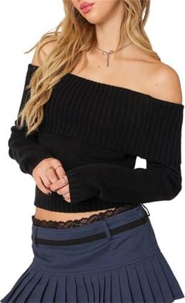 Generic Pull &agrave; &eacute;paules d&eacute;nud&eacute;es pour femme, manches longues en tricot c&ocirc;tel&eacute; pull court pour femme Y2k Tops pulls tendance streetwear, Noir, M