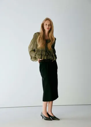 Mango Blouse &agrave; volants d&eacute;tails dentelle vert - Femme - S - MANGO