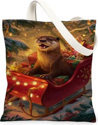 Generic Sacs fourre-tout en toile motif loutre de No&euml;l, motif tra&icirc;neau animal mignon, sacs d&eacute;picerie r&eacute;utilisables, l&eacute;gers et lavables, Rouge, 13x15 Inch