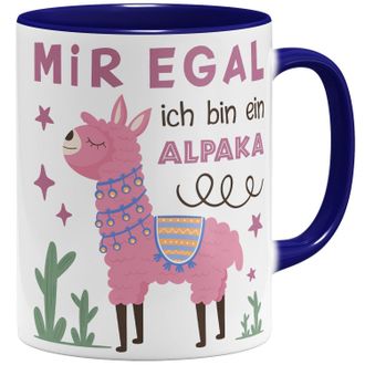 OM3 lustige Alpaca Lama Kaffee-Tasse mit Spruch - Mir egal ich bin ein Alpaka - Keramik Becher - 325ml - Beidseitig Bedruckt - Dunkelblau