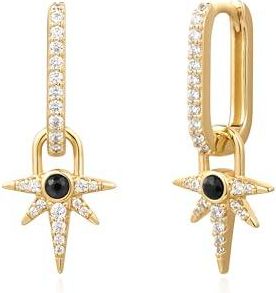 Ania Haie Boucles doreilles cr&eacute;oles Dusk Divas Black Onyx Star Drop Huggies en argent sterling 925 plaqu&eacute; or 14 carats, serties d1 agate noire et de 46 zircones