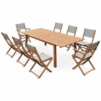 Sweeek Salon de jardin en bois Almeria. grande table 180-240cm rectangulaire 2 fauteuils 6 chaises eucalyptus et textil&egrave;ne Bois / Gris