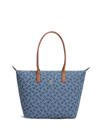 Tommy Hilfiger Tragetasche TOMMY HILFIGER POPETTE TOTE DENIM FLAG, Damen, Gr. B/H/T: 51cm x 32cm x 14cm, blau, Baumwolle, Leder, Taschen, Damen Handtasche, Schultert