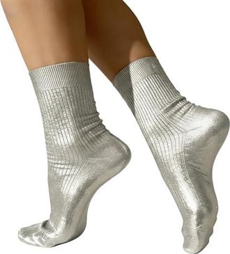 Generic Chaussettes en soie m&eacute;tallis&eacute;e, &eacute;l&eacute;gantes et luxueuses &agrave; paillettes brillantes, coupe c&ocirc;tel&eacute;e douce, toutes saisons, argent&eacute;, Taille unique