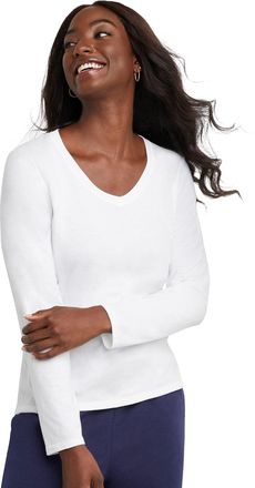 Hanes Damen Originals Long Sleeve Cotton T-Shirt, Lightweight V-Neck Tee, Modern Fit Hemd, Weiss/opulenter Garten, X-Gro&szlig;