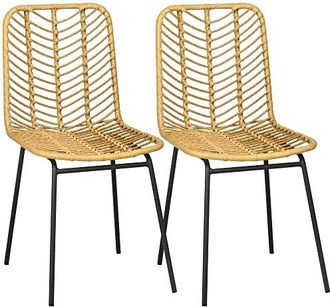 HOMCOM Lot de 2 chaises de Salle &agrave; Manger Chaise de Cuisine Design boh&egrave;me en r&eacute;sine tress&eacute;e Imitation rotin et pi&egrave;tement m&eacute;tal - 44 x 58 x 85 cm - Jaune