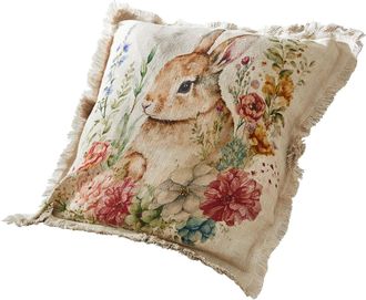 Loberon Kissenh&uuml;lle Par&eacute;lys - Hasenmotiv mit Blumen - Verspielter Fransenabschluss - L&auml;ndlicher Charme - Kissenbezug - Ostertextilien - Ostern - Leinen, bunt