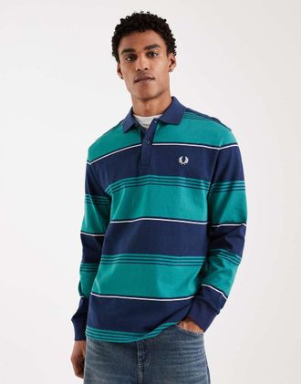 Fred Perry Lang&auml;rmliges, schweres Polohemd in Blau mit Streifen und Logo