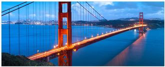 Wallario Glasbild Golden Gate Bridge in San Francisco USA - 50 x 125 cm Wandbilder Glas in Premium-Qualität: Brillante Farben, freischwebende Optik