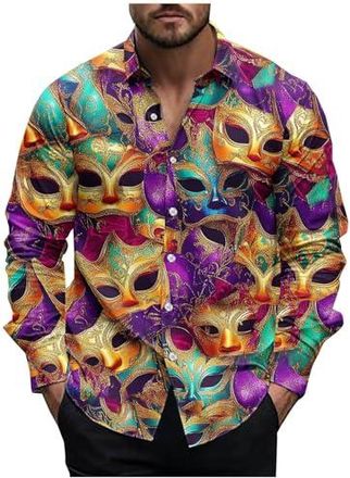 Generic Chemise de bowling color&eacute;e boutonn&eacute;e en satin &agrave; manches longues pour homme - Haut d&eacute;contract&eacute; &agrave; manches longues pour carnaval, bo&icirc;te de nuit, soir&eacute;e d