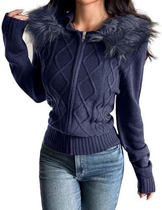 Generic Y2k Cardigan tricot&eacute; &agrave; capuche en fausse fourrure avec fermeture &eacute;clair sur le devant pour tenue d&eacute;contract&eacute;e, cardigan avec bordure en fourrure pour 