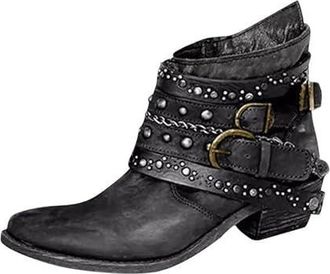 Generic Bottes de cowboy occidentales vintage pour femme à talon bas - Bottines de moto en cuir - Bottes dautomne tendance bohème pour femme - Bottes de cowbo