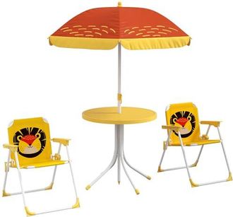 OUTSUNNY Ensemble Salon de Jardin Enfant, 4 pi&egrave;ces avec Motif du Lion, Ensemble de Table et 2 chaises de Jardin, avec Parasol r&eacute;glable &Oslash; 100 cm, Chaise Pliable