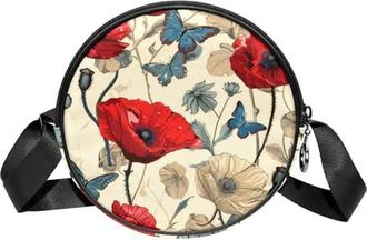 Generic Sac &agrave; bandouli&egrave;re circulaire pour femme, motif coquelicot et papillons, petit sac &agrave; bandouli&egrave;re avec fermeture &eacute;clair, bretelles r&eacute;glables, sac &agrave; main