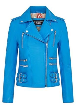 Infinity Leather Veste Motard R&eacute;tro Bleue 100% Cuir Nappa Pour Femme