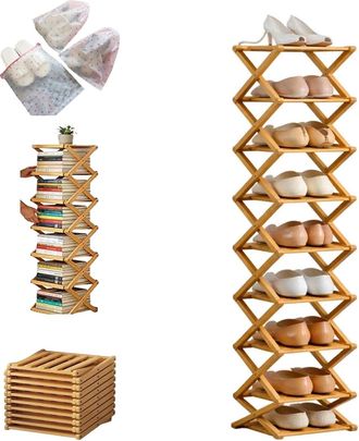 Generic 9-St&ouml;ckiges Bambusregal, 9-St&ouml;ckiges Bambusregal Ohne Montage, Faltbarer Platzsparender Schuhorganizer, Vertikale Schlanke Schuhaufbewahrung Mit 2-10 