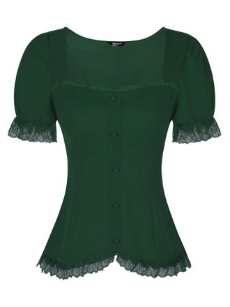 Allegra K Viktorianisches Hemd f&uuml;r Damen, Herzausschnitt, Puff, kurze &Auml;rmel, Schn&uuml;rung, Gothic-Bluse, dunkelgr&uuml;n, Large
