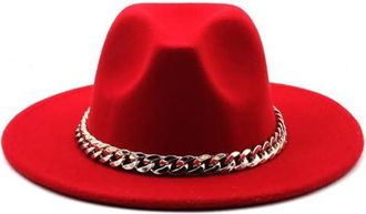 Generic Fedora Chapeaux dhiver et dautomne à large bord épais avec chaîne dorée, rouge, taille unique