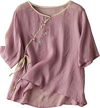 Generic Chemise en lin &agrave; manches 3/4 pour femme - R&eacute;tro - Broderie florale - Chemises chinoises d&eacute;contract&eacute;es - Boh&egrave;me - Mode d&eacute;t&eacute; - Tunique fluide, violet, 3