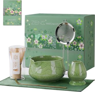 Zens Matcha Set mit Matchabesen, Japanisches Matcha-Teeservice mit Matcha Schale, Besenhalter, Matcha-Pulversieb und L&ouml;ffel & Teetuch f&uuml;r Matcha-Latte,Gesc
